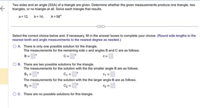Solved Two sides and an angle (SSA) of a triangle are given. | Chegg.com
