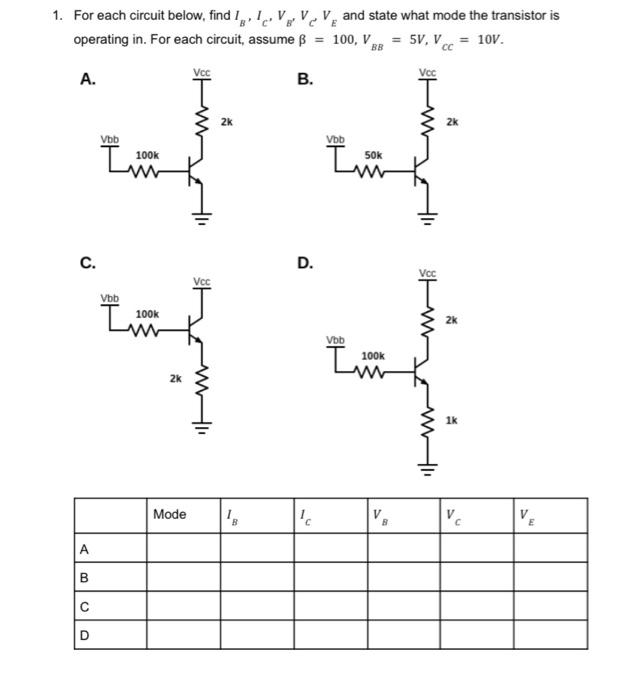 Solved 1. For each circuit below, find IB,IC,VB′,VC,VE and | Chegg.com
