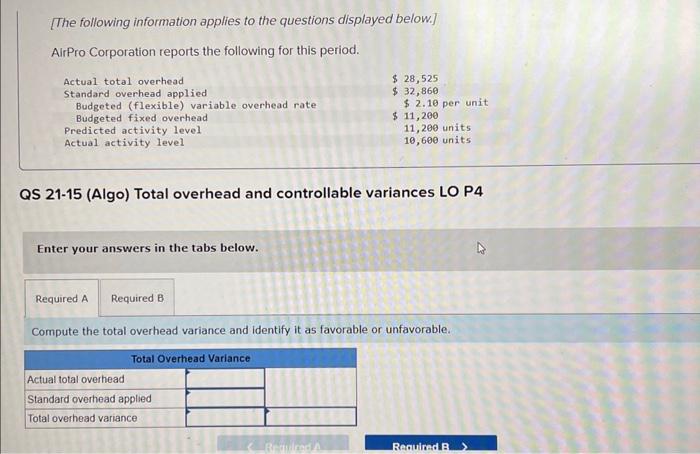 Solved QS 21-15 (Algo) Total overhead and controllable | Chegg.com