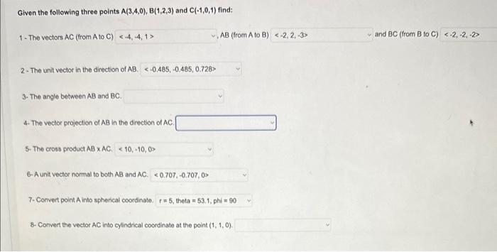Solved Given the following three points A(3,4,0),B(1,2,3) | Chegg.com