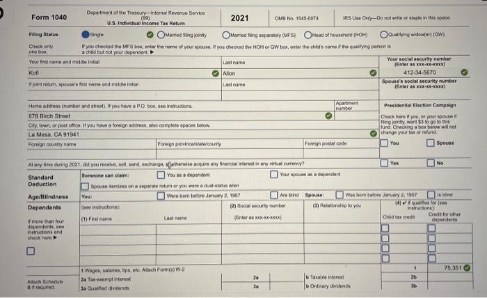 Prepare a Form 1040 and Schedule A for Kofi including | Chegg.com