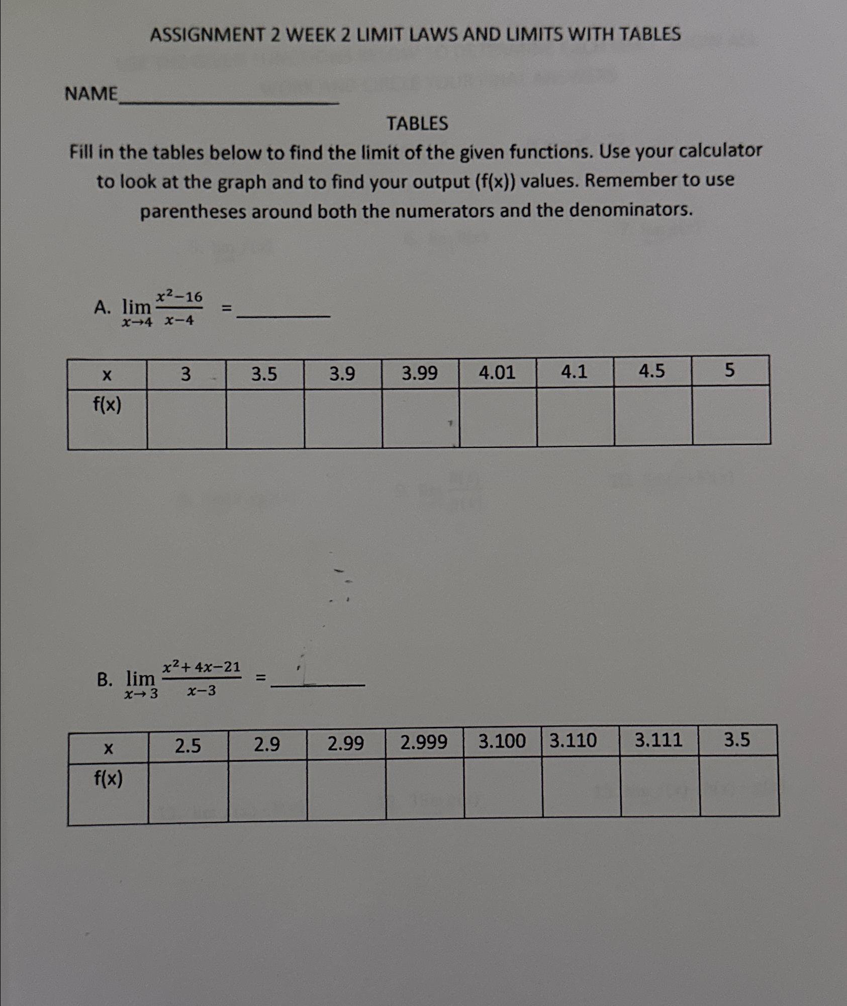 Solved ASSIGNMENT 2 ﻿WEEK 2 ﻿LIMIT LAWS AND LIMITS WITH | Chegg.com