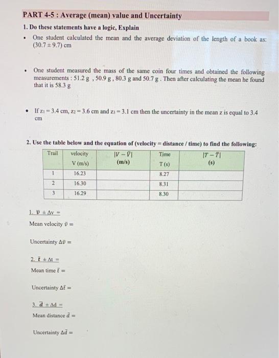 Solved PART 4-5 : Average (mean) value and Uncertainty 1. Do | Chegg.com