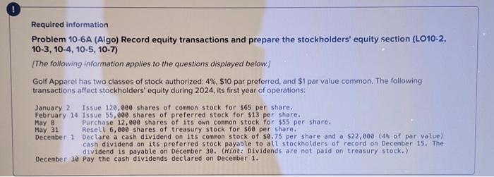 Solved Required information Problem 10-6A (Algo) Record | Chegg.com