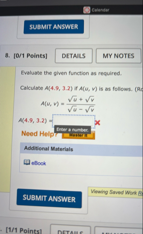 Solved Calendar8. [0/1 ﻿Points]Evaluate the given function | Chegg.com