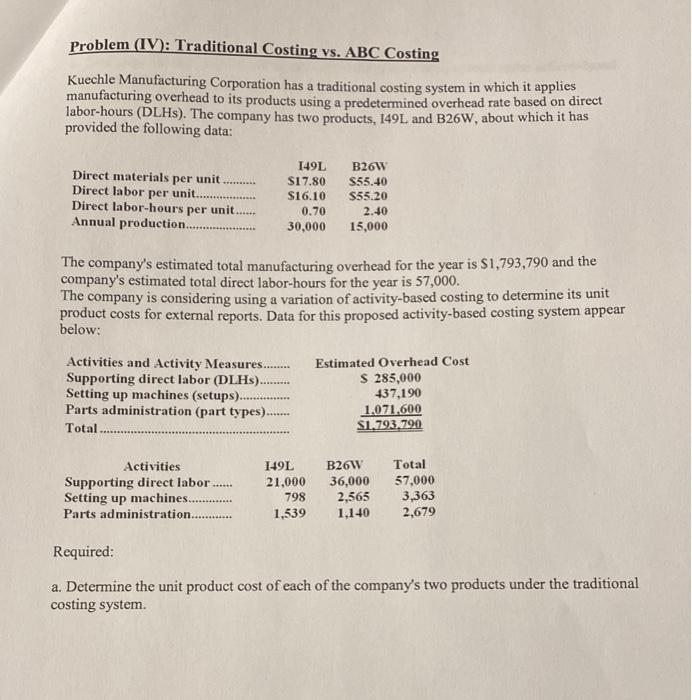 Solved Problem (IV): Traditional Costing vs. ABC Costing | Chegg.com