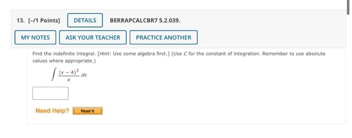 Solved 13. (-/1 Points) DETAILS BERRAPCALCBR7 5.2.039. MY | Chegg.com