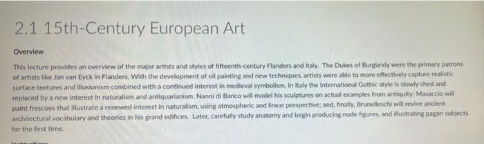 Solved 2.1 15th-Century European Art Overview This lecture | Chegg.com