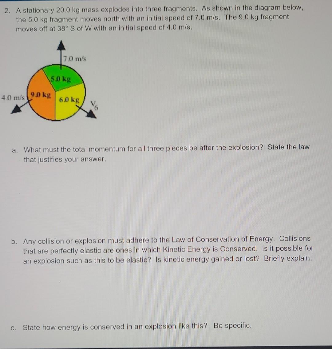 Solved 2. A stationary 20.0 kg mass explodes into three | Chegg.com