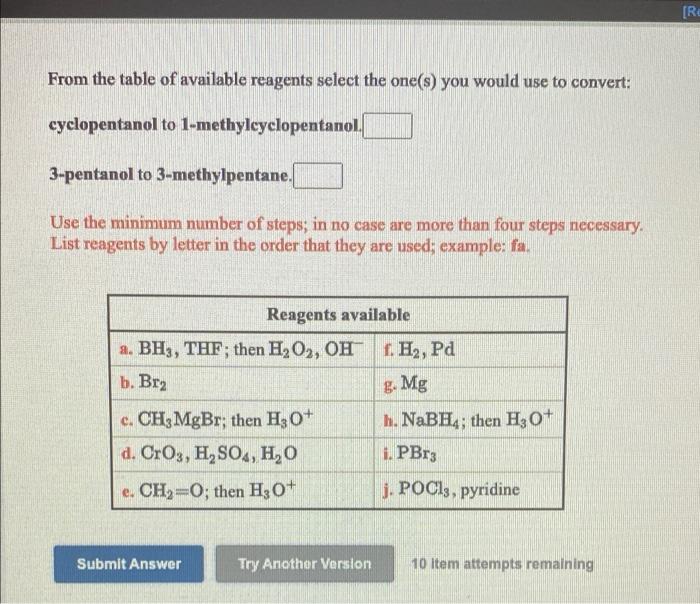 Solved From the table of available reagents select the | Chegg.com