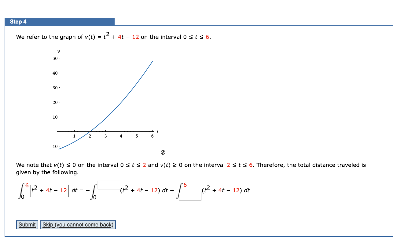 Solved Step 4We refer to the graph of v(t)=t2+4t-12 ﻿on the | Chegg.com
