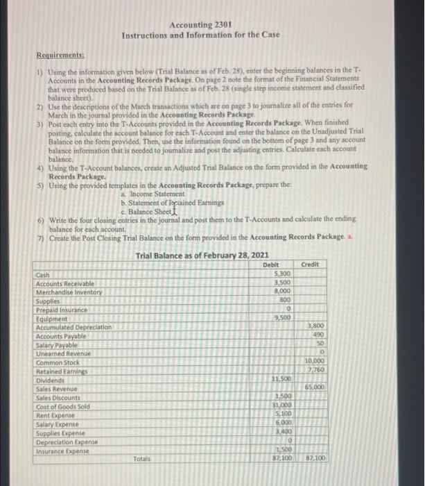 Solved Accounting 2301 Instructions and Information for the | Chegg.com