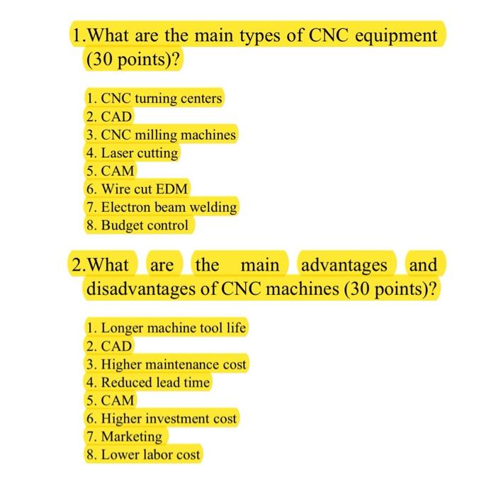 Solved 1. What are the main types of CNC equipment (30 | Chegg.com