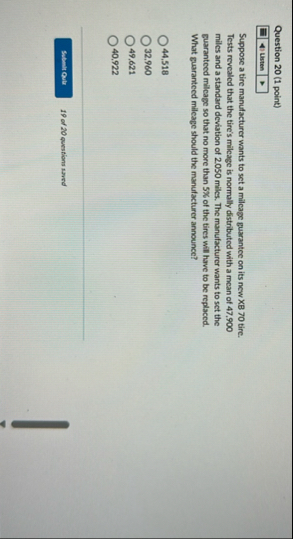 Solved Question 20 (1 ﻿point)Suppose a tire manufacturer | Chegg.com
