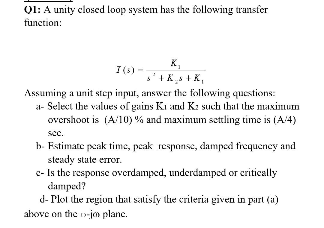 Solved Q1: A unity closed loop system has the following | Chegg.com