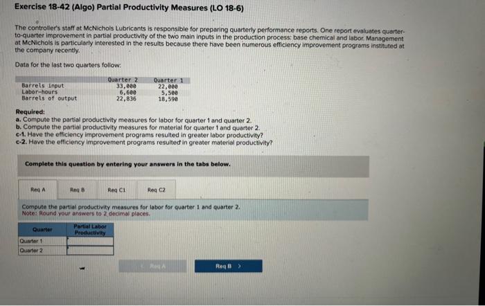 Solved Exercise 18-42 (Algo) Partial Productivity Measures | Chegg.com