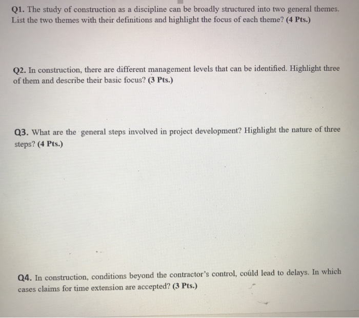 Solved Q1. The study of construction as a discipline can be | Chegg.com
