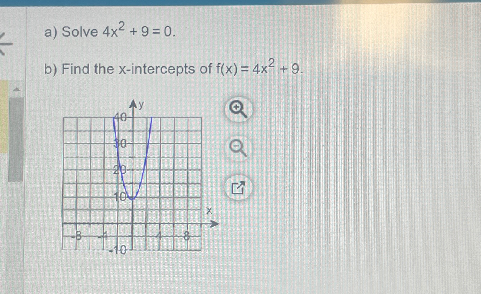 Solved a) ﻿Solve 4x2+9=0b) ﻿Find the x-intercepts of | Chegg.com