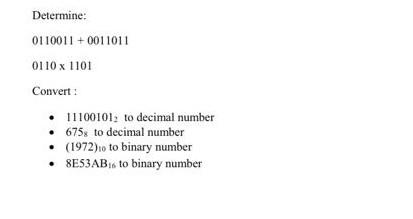 Solved Determine: 0110011 +0011011 0110 x 1101 Convert • | Chegg.com