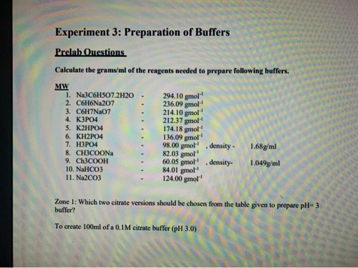 Solved Experiment 3: Preparation of Buffers Prelab Ouestions | Chegg.com