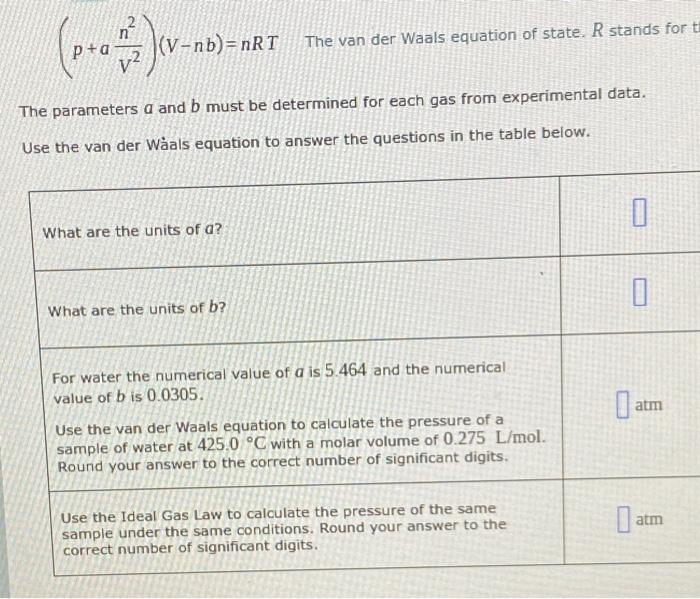 Solved n p+a (V-nb)=nRT The van der Waals equation of state. | Chegg.com