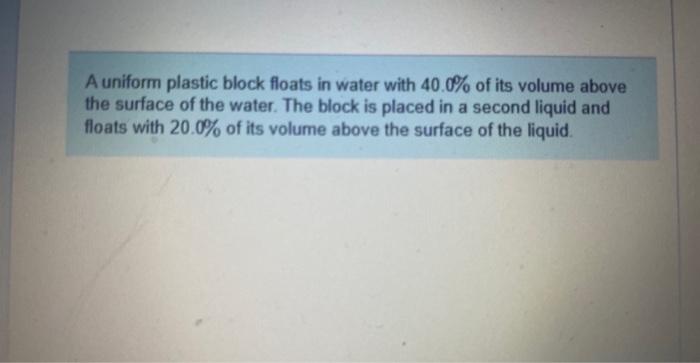 Solved A uniform plastic block floats in water with 40.0% of | Chegg.com