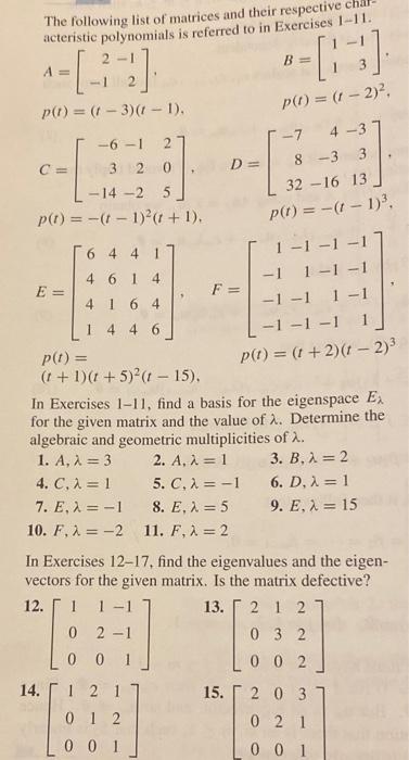 Solved The following list of matrices and their respective | Chegg.com