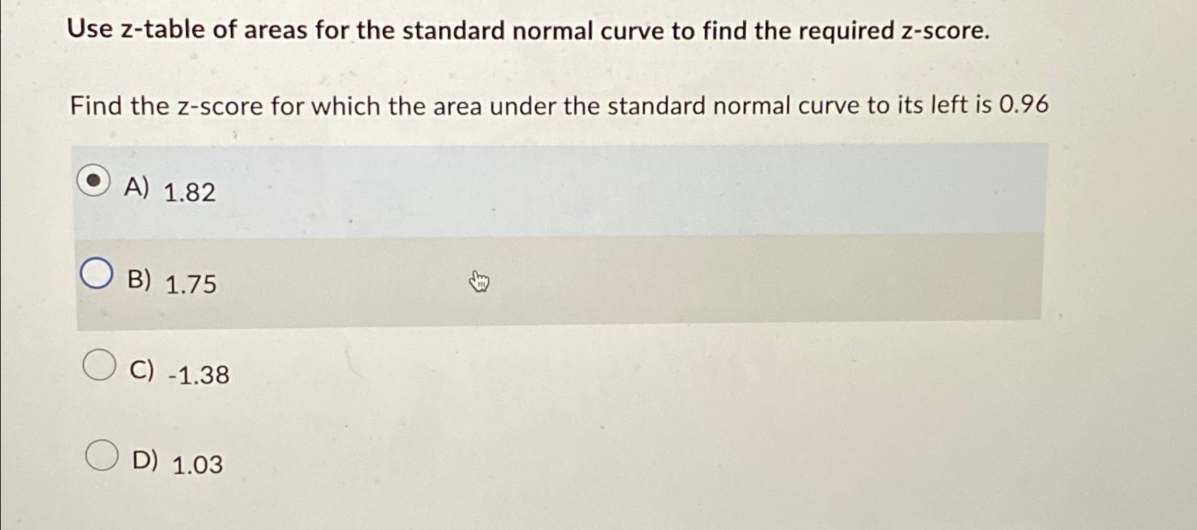 Solved Use z-table of areas for the standard normal curve to | Chegg.com