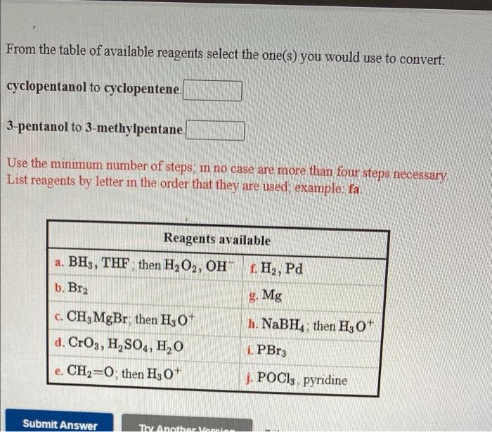 Solved From the table of available reagents select the | Chegg.com