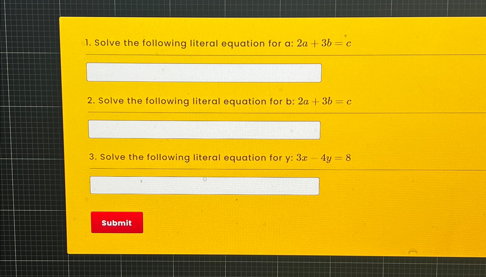 Solved Solve the following literal equation for a ﻿: | Chegg.com