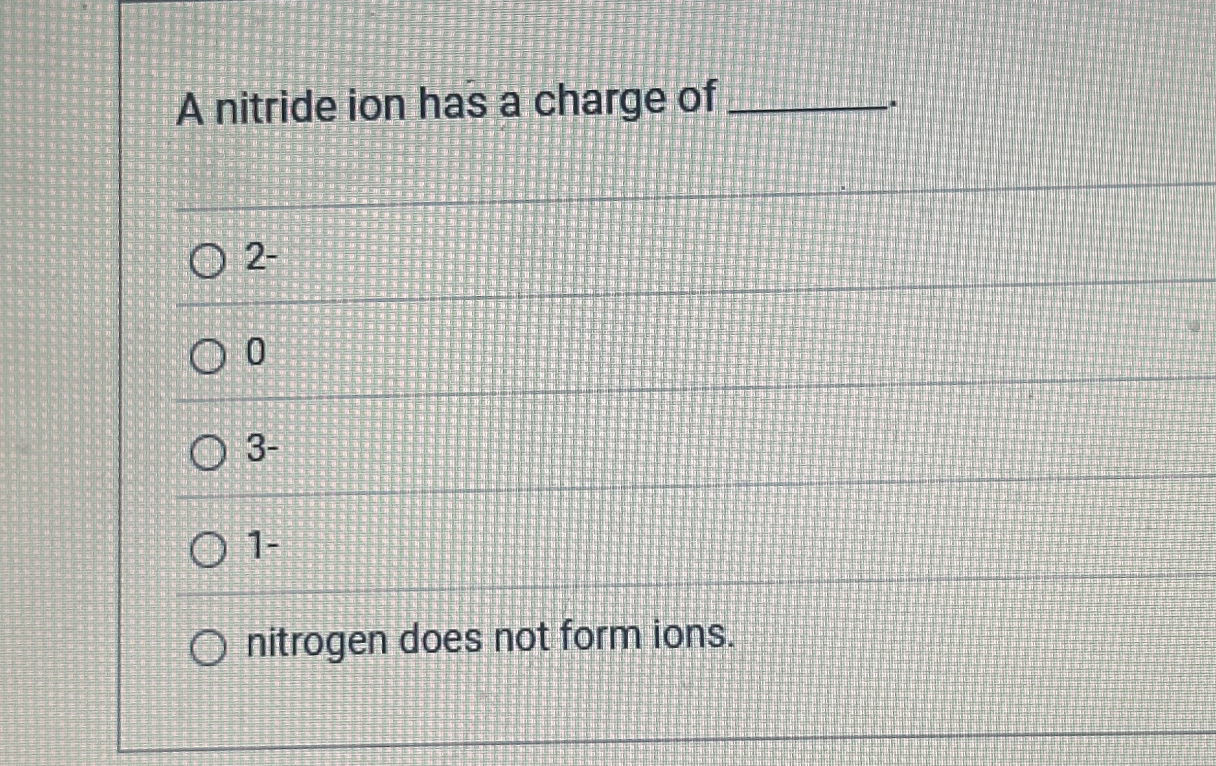 Solved A nitride ion has a charge of q,2-03-1-nitrogen does | Chegg.com
