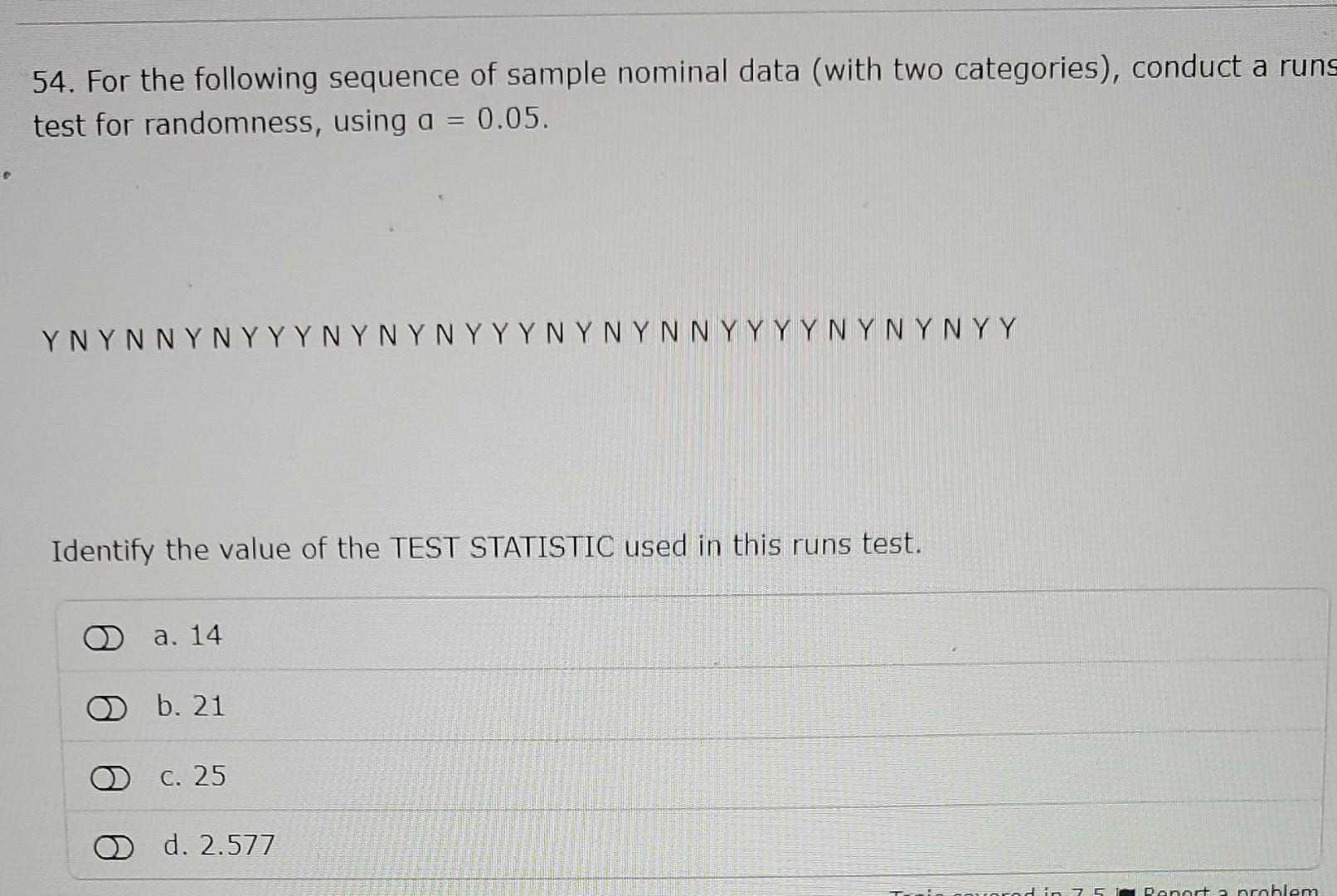 Solved 54. For the following sequence of sample nominal data | Chegg.com