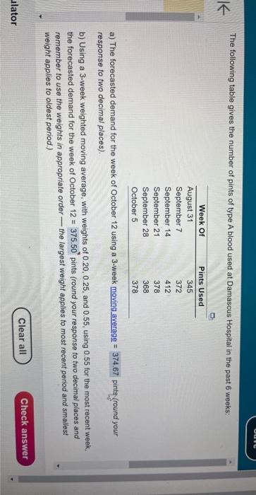 Solved b) Using a 3-week weighted moving average, with | Chegg.com