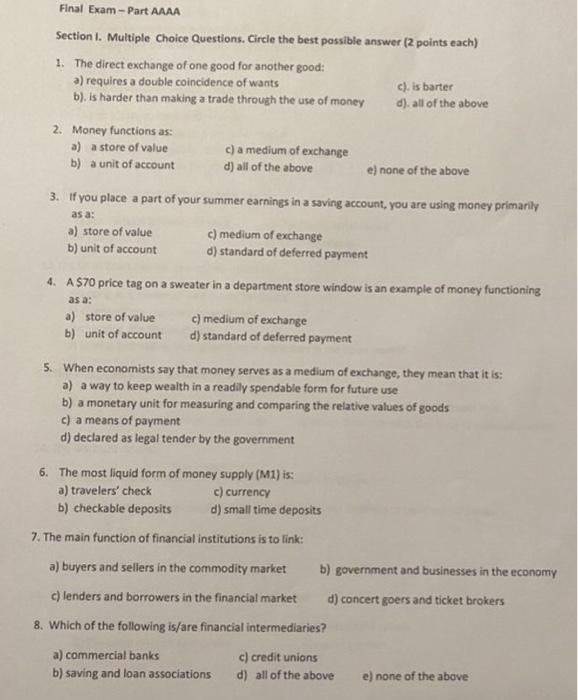 Solved Section I. Multiple Choice Questions. Circle the best | Chegg.com