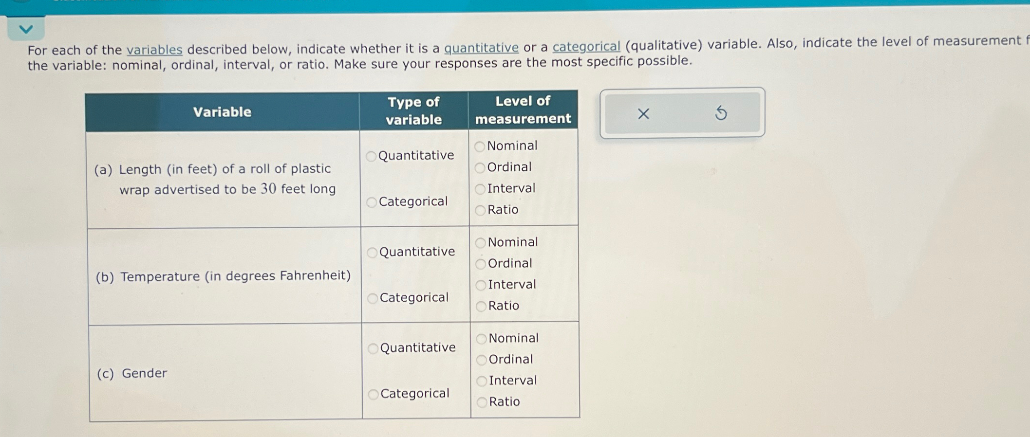 Solved For each of the variables described below, indicate | Chegg.com