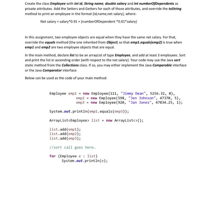 Solved Create the class Employee with int id, String name, | Chegg.com