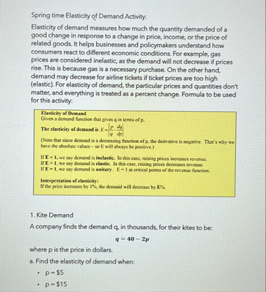 Solved Spring time Elasticity of Demand Activity:Elasticity | Chegg.com