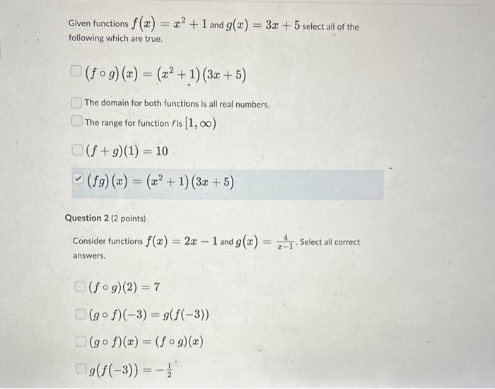 Given Functions F X X2 1 And G X 3x 5 Select All Of