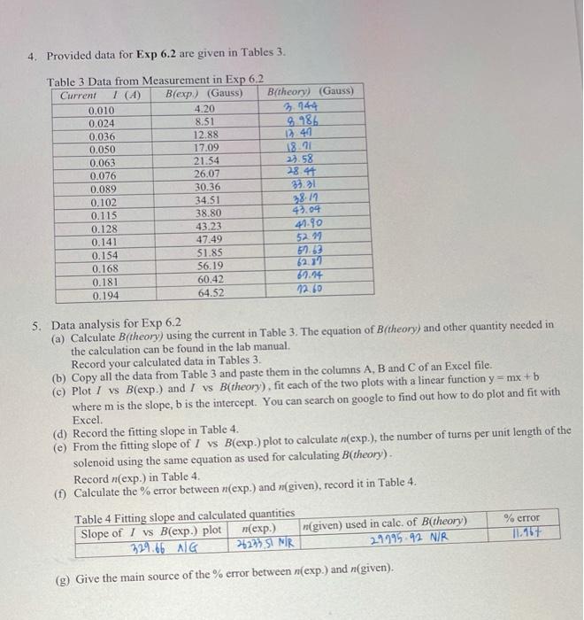 Solved 4. Provided data for Exp 6.2 are given in Tables 3. | Chegg.com