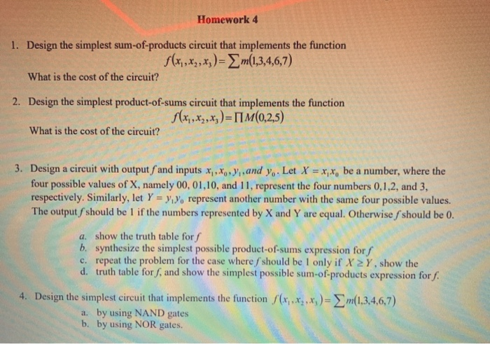Solved Homework 4 1. Design the simplest sum-of-products | Chegg.com