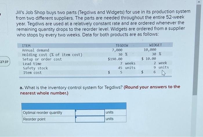 Solved Jill's Job Shop buys two parts (Tegdiws and Widgets) | Chegg.com