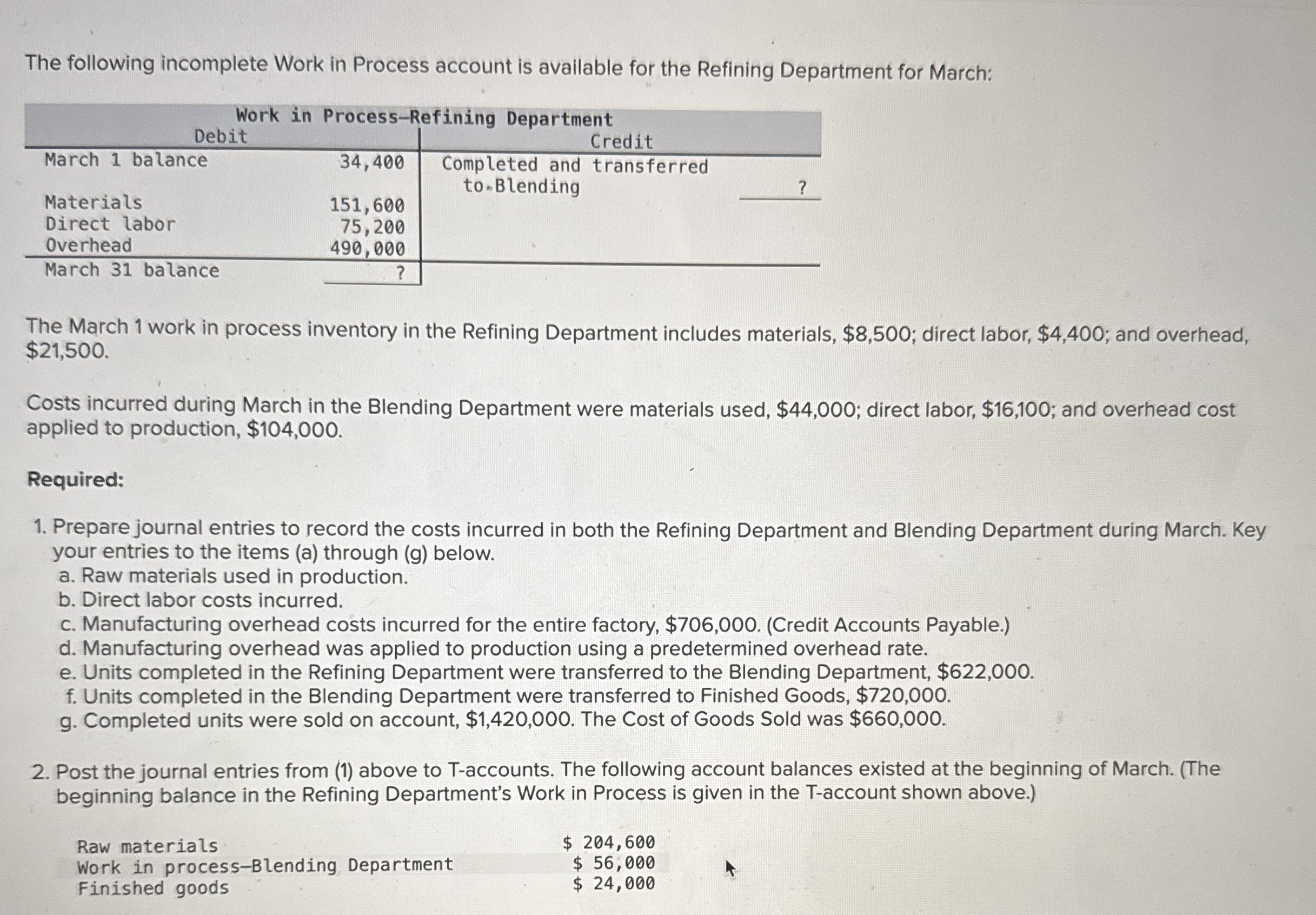 The following incomplete Work in Process account is | Chegg.com