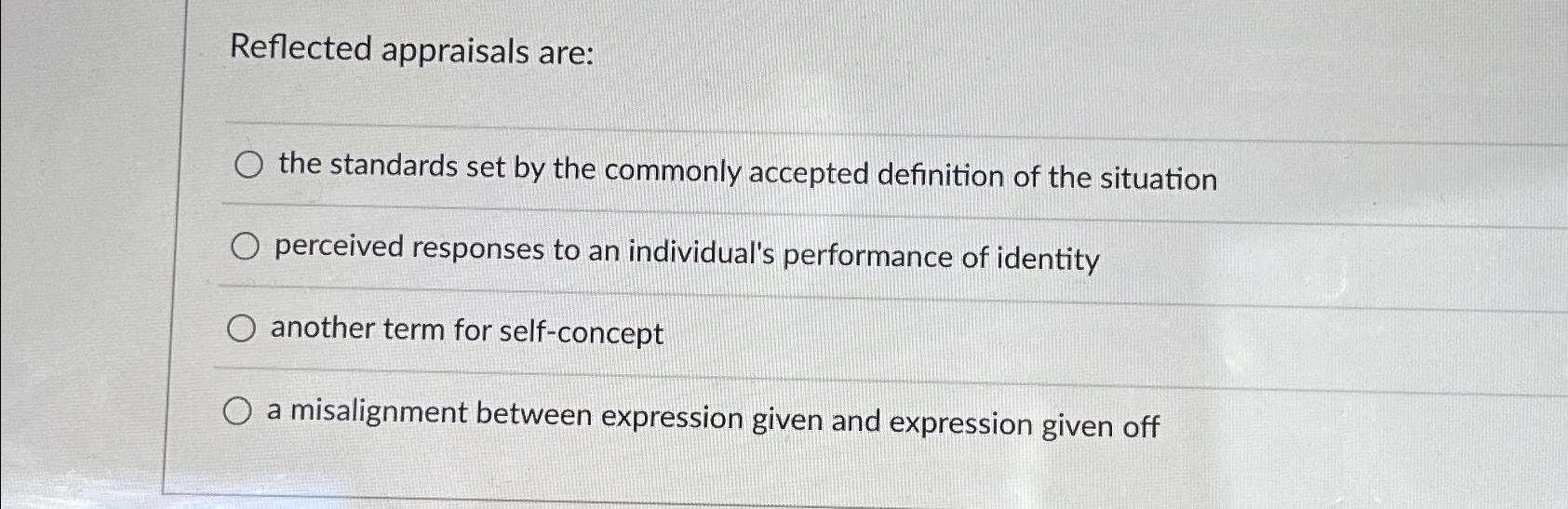 Solved Reflected appraisals are:the standards set by the | Chegg.com