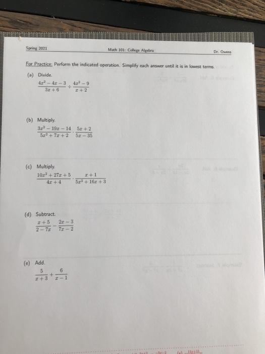 Solved Spring 2021 Math 101: College Algebra De Owens For | Chegg.com