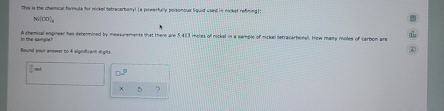 Solved This is the chemical formula for nickel tetracarbonyl | Chegg.com