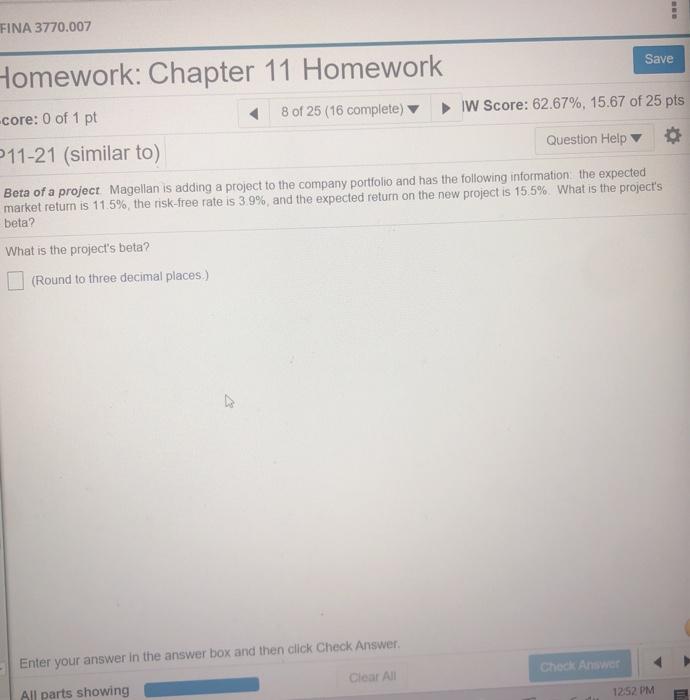 Solved FINA 3770.007 Save Homework: Chapter 11 Homework | Chegg.com Solved FINA 3770.007 Save Homework: Chapter 11 Homework | Chegg.com