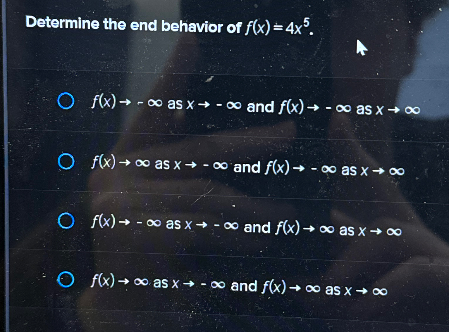 Solved Determine the end behavior of f(x)=4x5.f(x)→-∞ ﻿as | Chegg.com