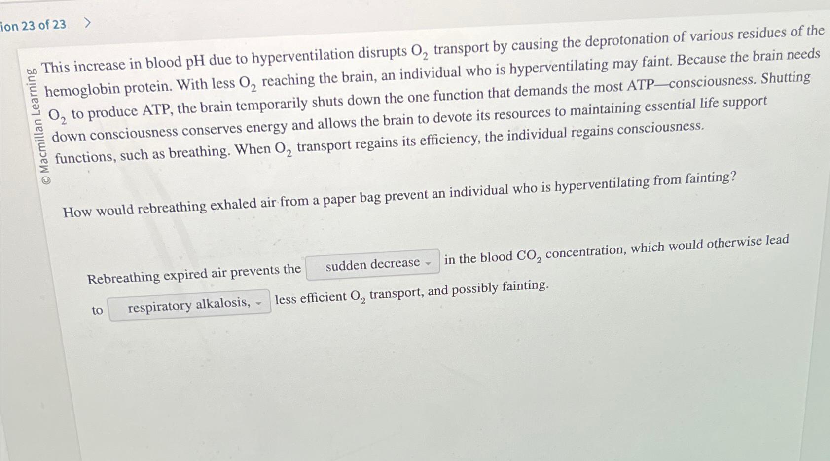 Solved ion 23 ﻿of 23This increase in blood pH due to | Chegg.com