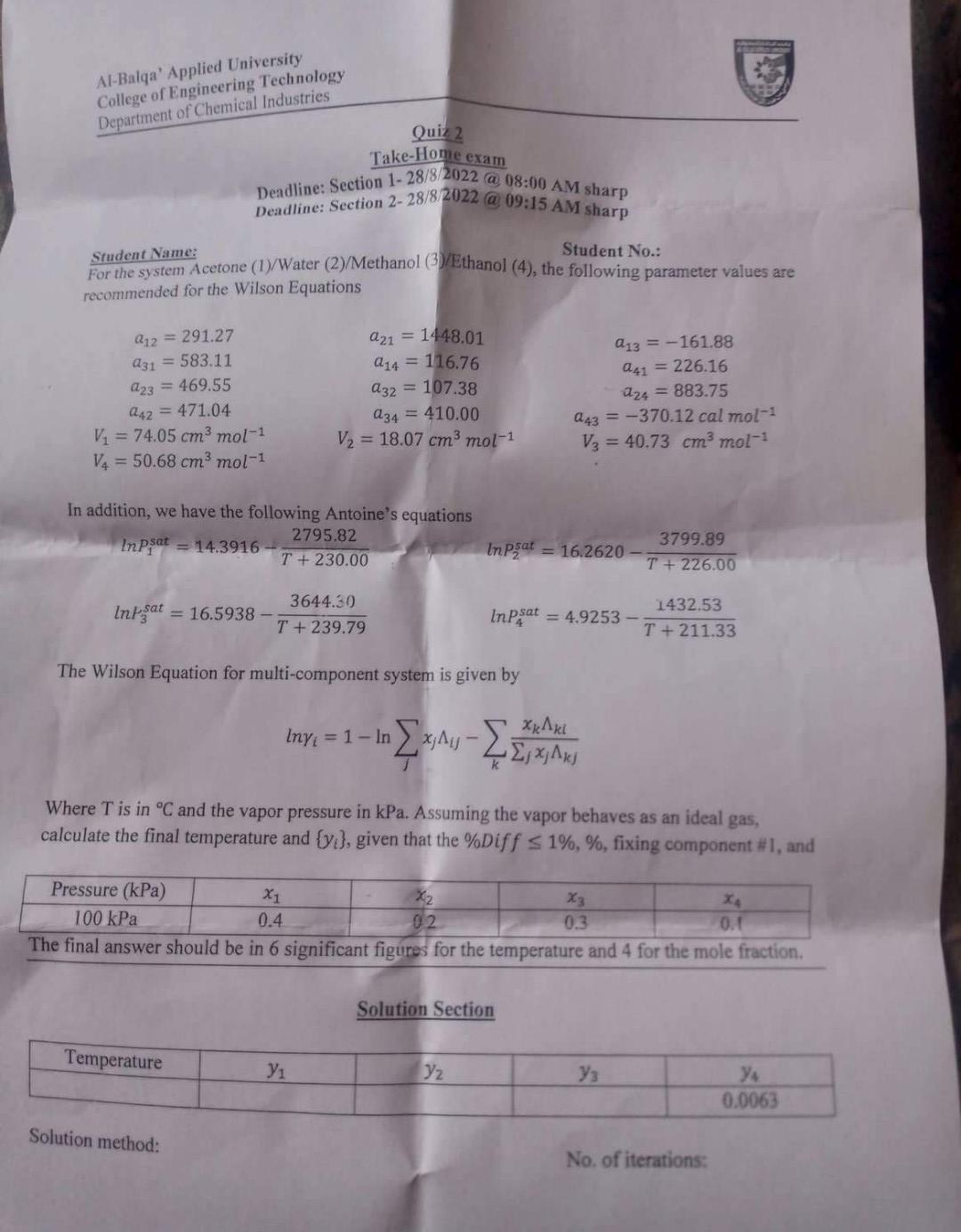 Solved Student Name: For the system Acetone (1)/Water | Chegg.com