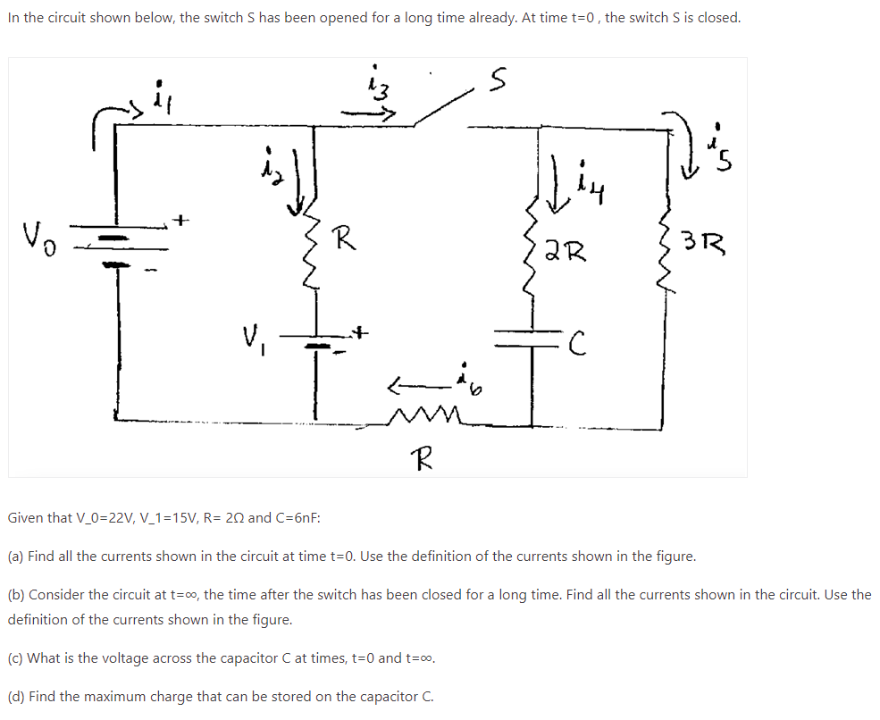 Solved In the circuit shown below, the switch S has been | Chegg.com